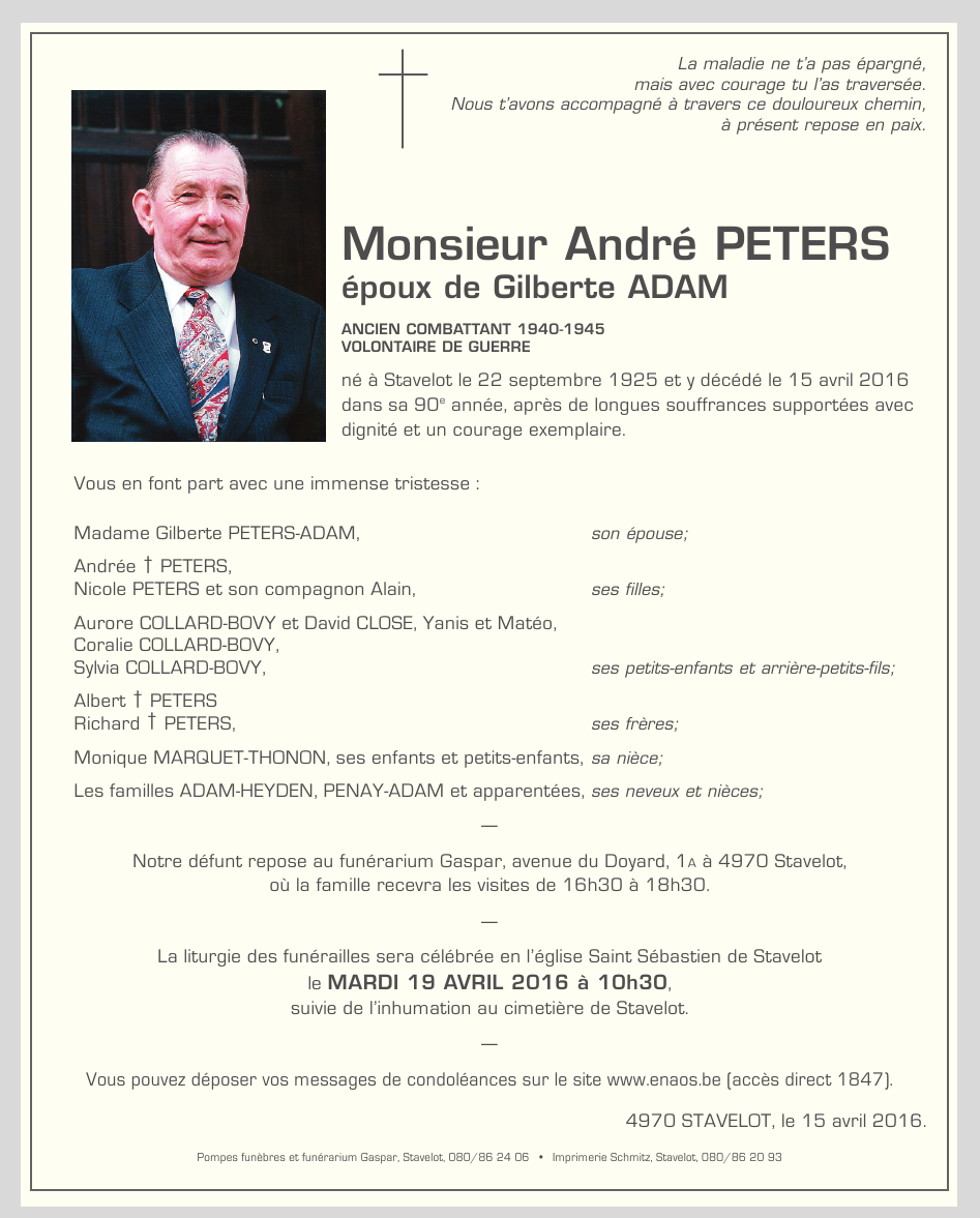 Décès de Monsieur André PETERS (15/04/2016), Annonce nécrologique